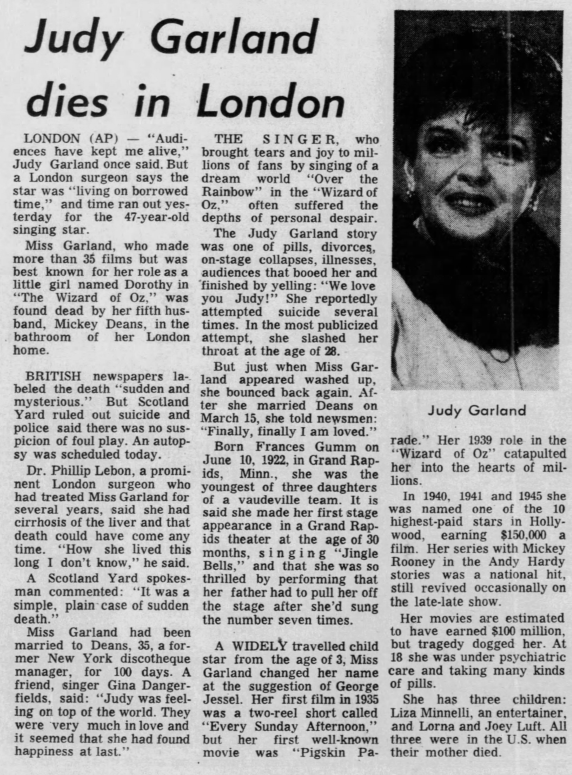 Newspaper Coverage of Judy Garland’s Death – The Judy Room